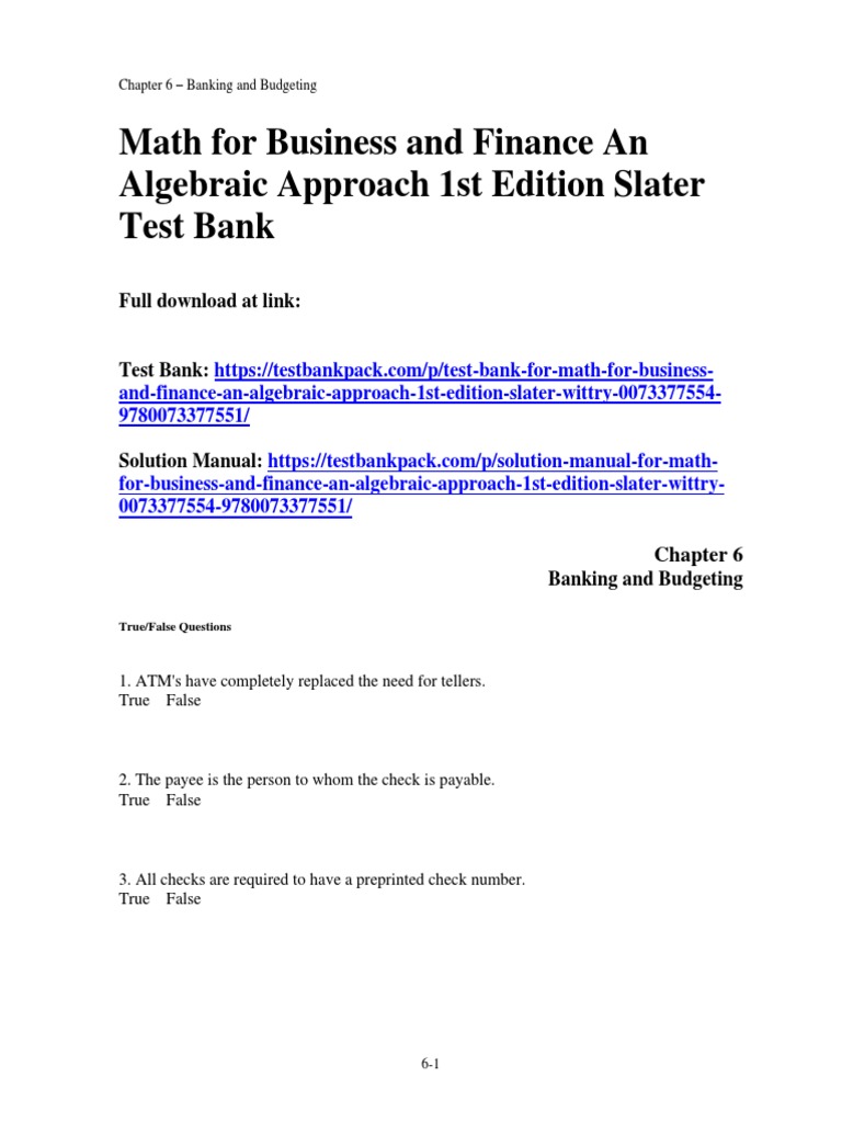 Math For Business and Finance An Algebraic Approach 1st Edition Slater ...