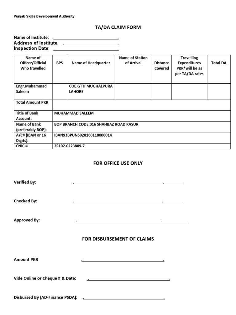 Ta/Da Claim Form: Punjab Skills Development Authority | PDF