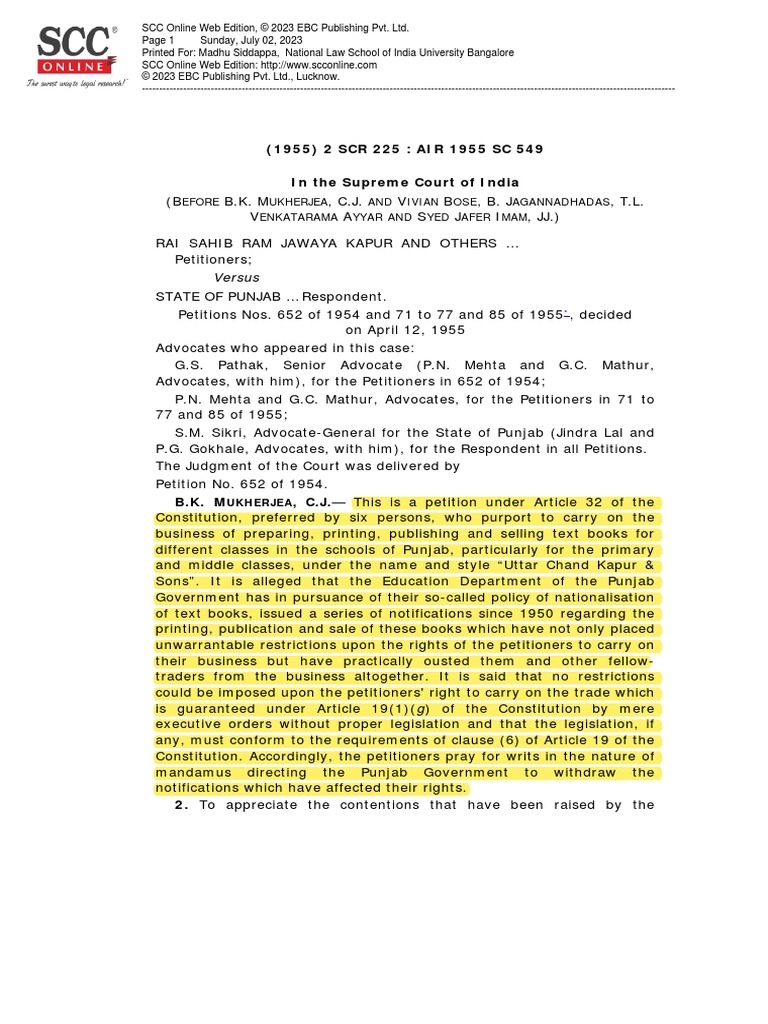 Ram Jawaya Kapur V State of Punjab, AIR 1955 SC 549 | PDF | Appropriation Bill | Royal Assent