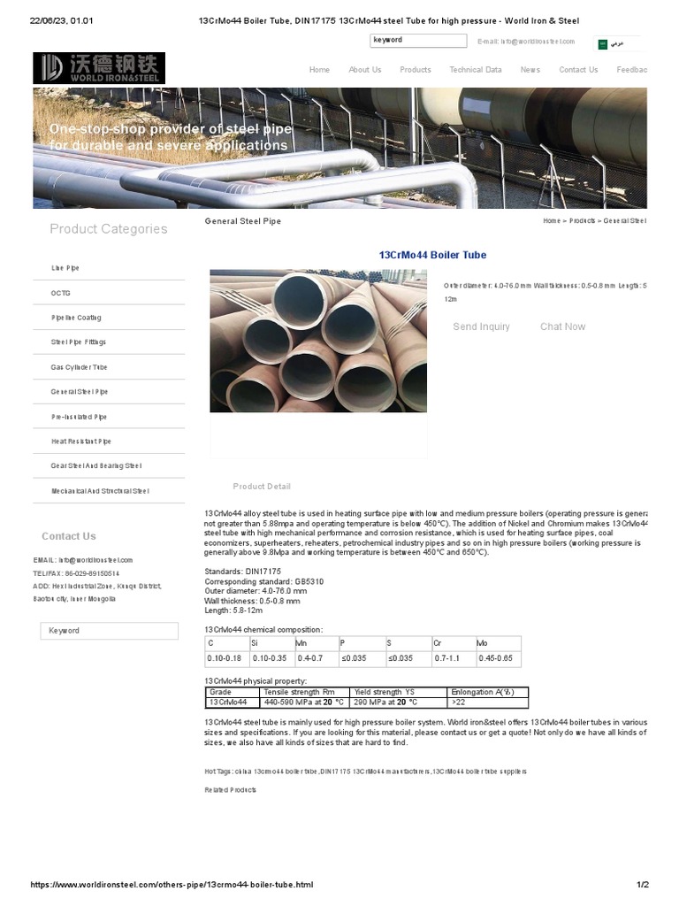 13CrMo44 Boiler Tube, DIN17175 13CrMo44 Steel Tube For High Pressure - World Iron & Steel | PDF