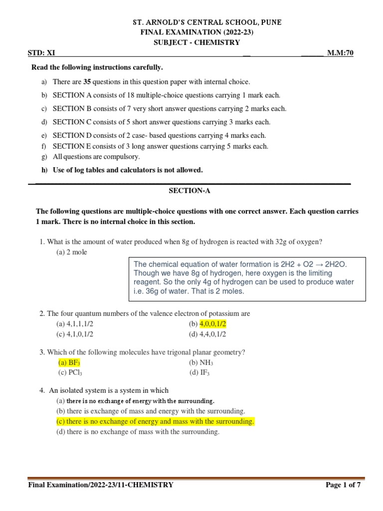 Final 11 Chemistry (Answersheet) | PDF | Molecular Orbital | Chemical ...