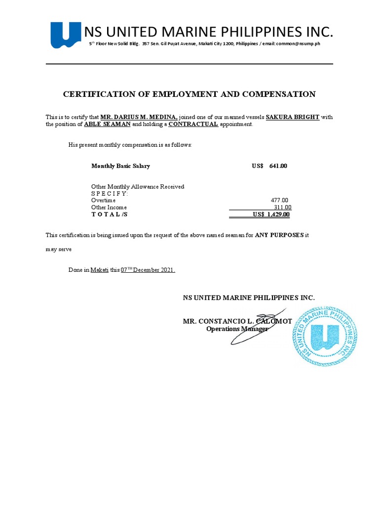 Certificate of Employment and Compensation - Ab Medina | PDF