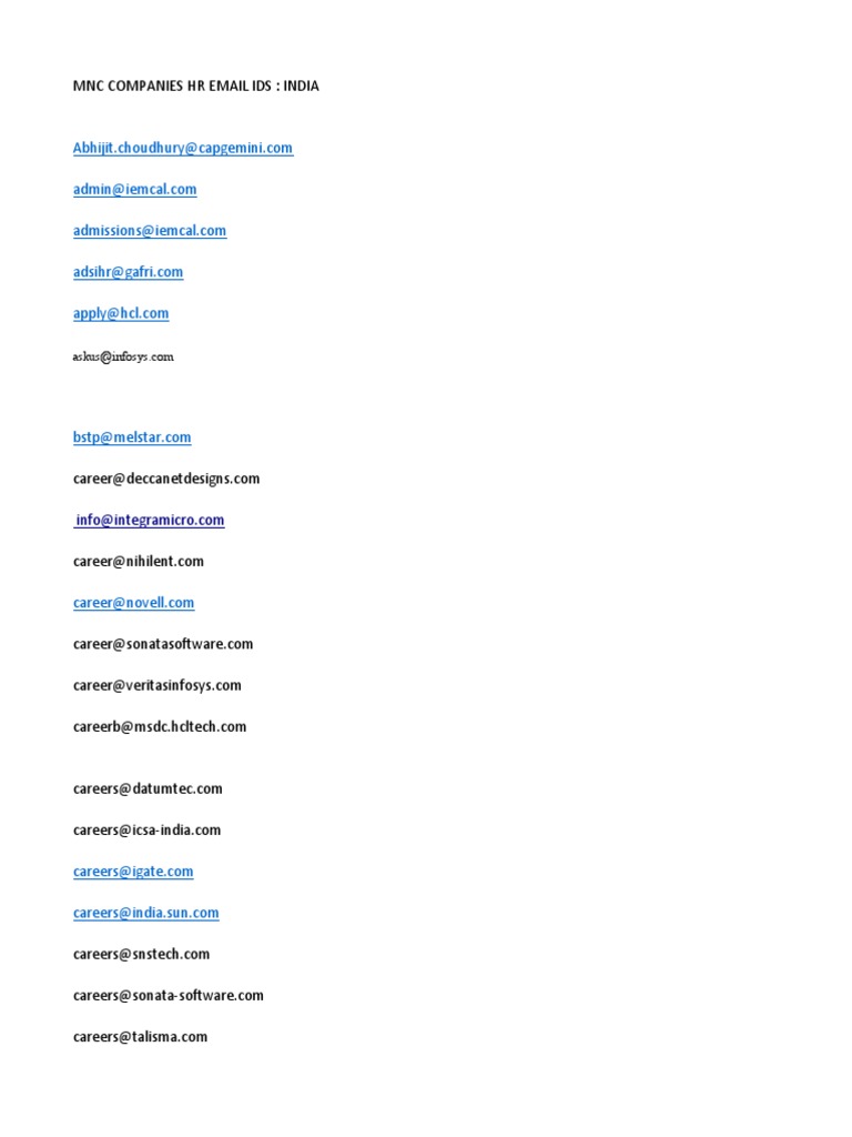 MNC Companies HR Email Ids To Forward Resumes | PDF