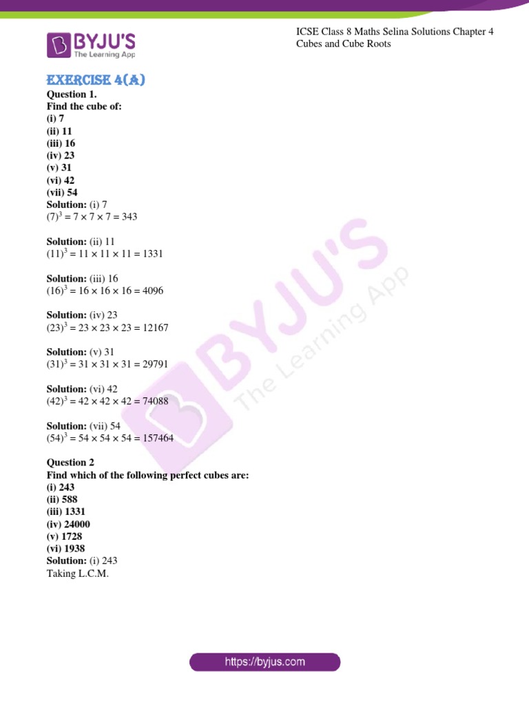 ICSE Class 8 Maths Selina Solutions Chapter 4 Cubes and Cube Roots | PDF