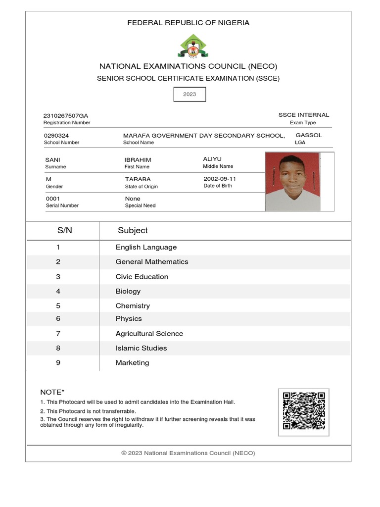 2023 Ssce Int Candidates Photocard | PDF