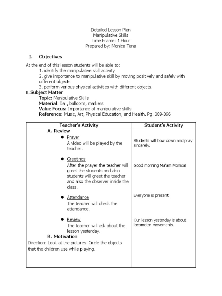 Manipulative Skills Lesson Plan | PDF | Teachers | Prayer
