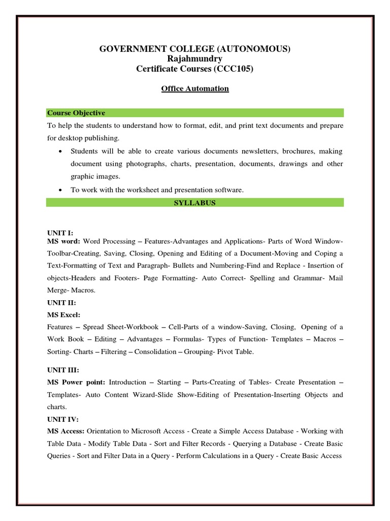 Office Automation Course Syllabus | PDF