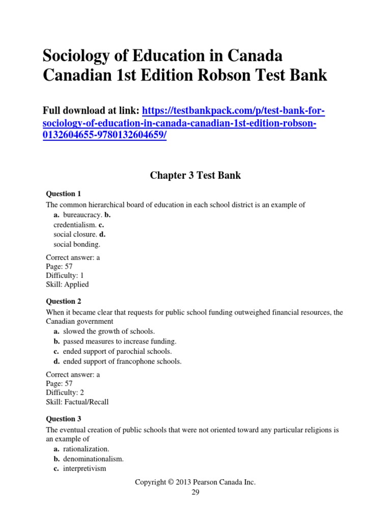 Sociology of Education in Canada Canadian 1st Edition Robson Test Bank ...