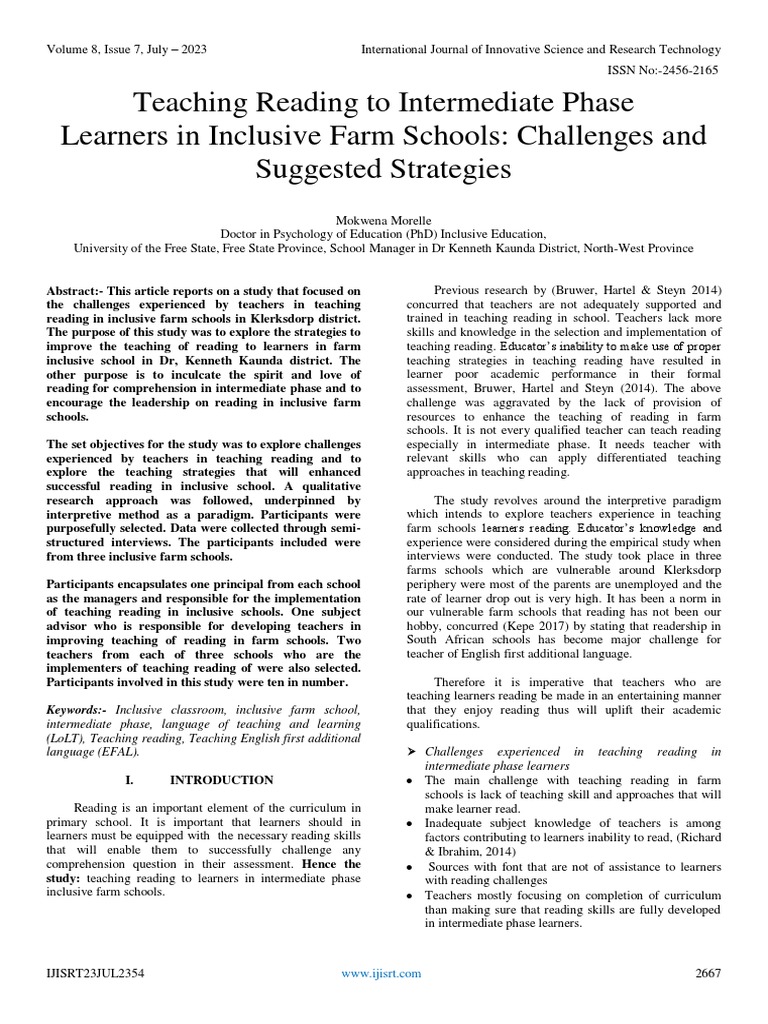 Teaching Reading To Intermediate Phase Learners in Inclusive Farm Schools: Challenges and ...
