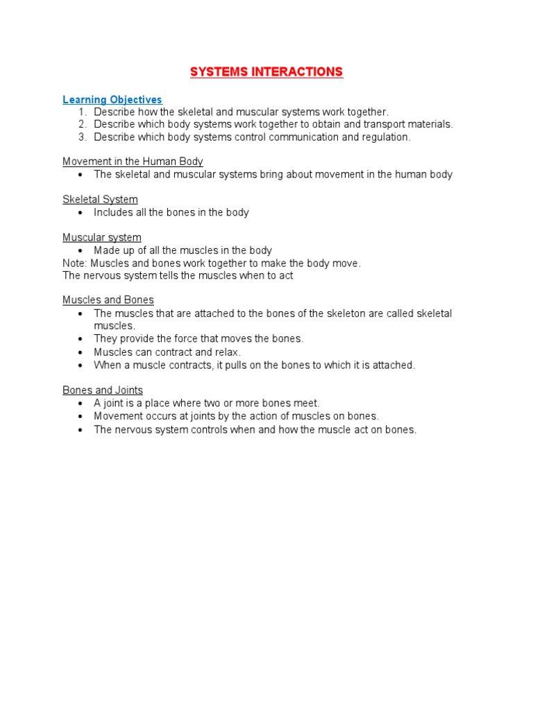 Body Systems Interaction Guide | PDF | Human Body | Skeletal Muscle
