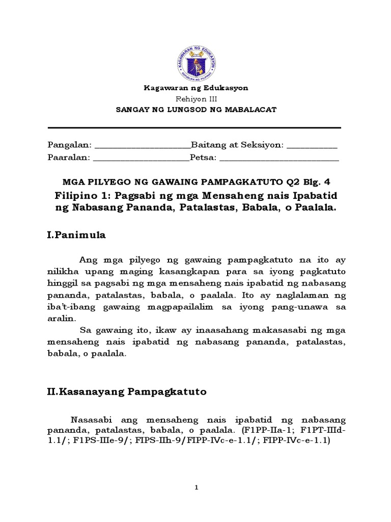 Filipino1 - Q2 - Wk4 - Nasasabi Ang Mensaheng Nais Ipabatid NG Nabasang ...