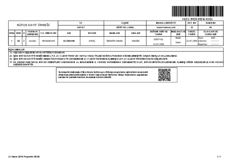 Nufus Kayit Ornegi | PDF