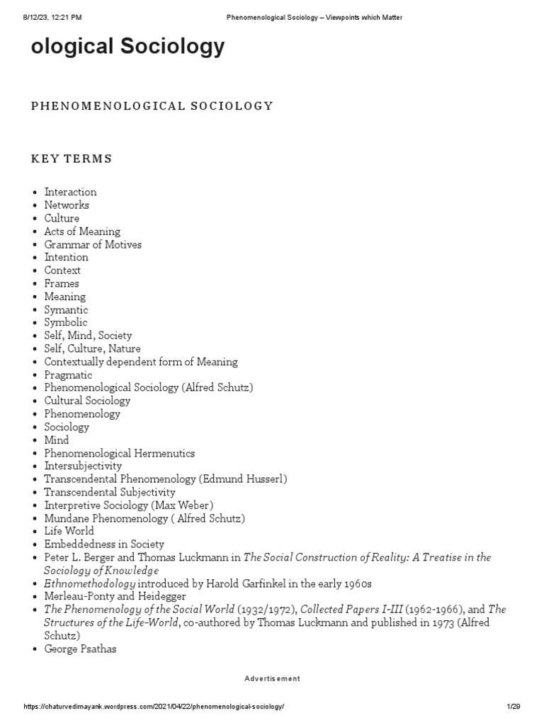 Phenomenological Sociology - Viewpoints Which Matter | PDF