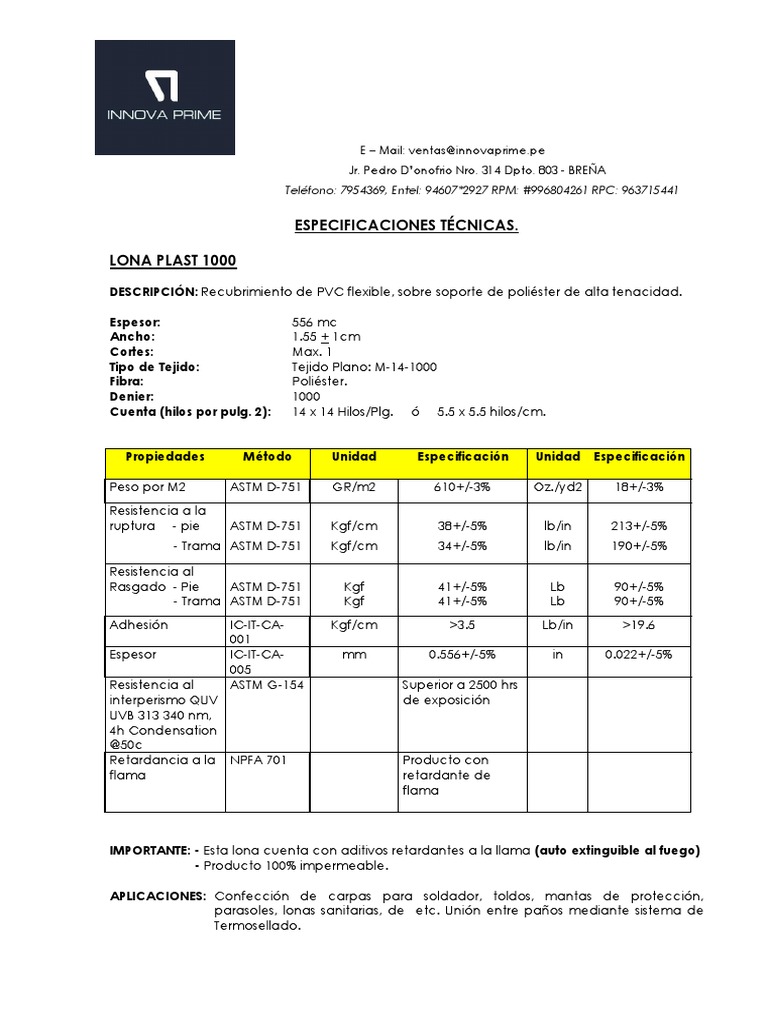 Lona Plast 1000 Especificacion Tecnica | PDF | Tecnología