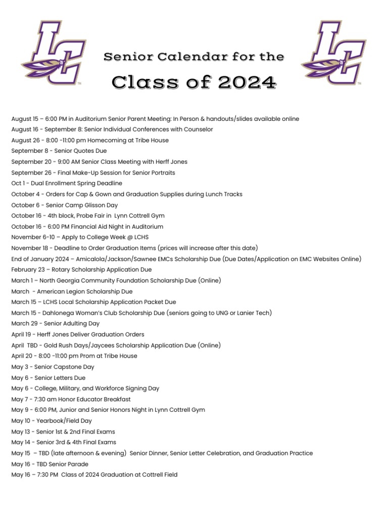Senior Calendar For Class of 2024 | PDF