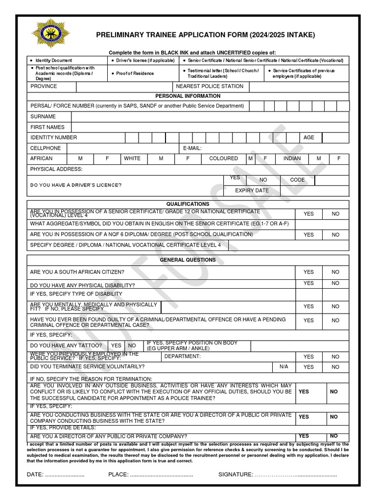 SAPS Trainee Application Form 2024/2025 | PDF