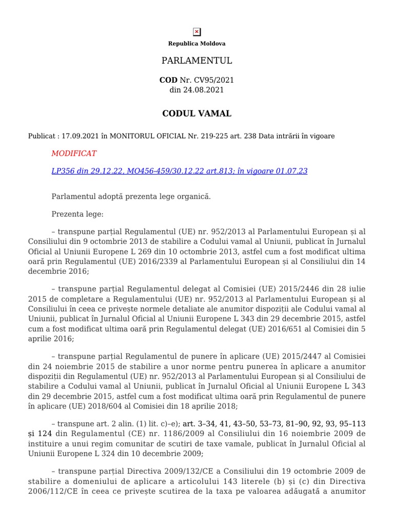 Parlamentul: Codul Vamal | PDF