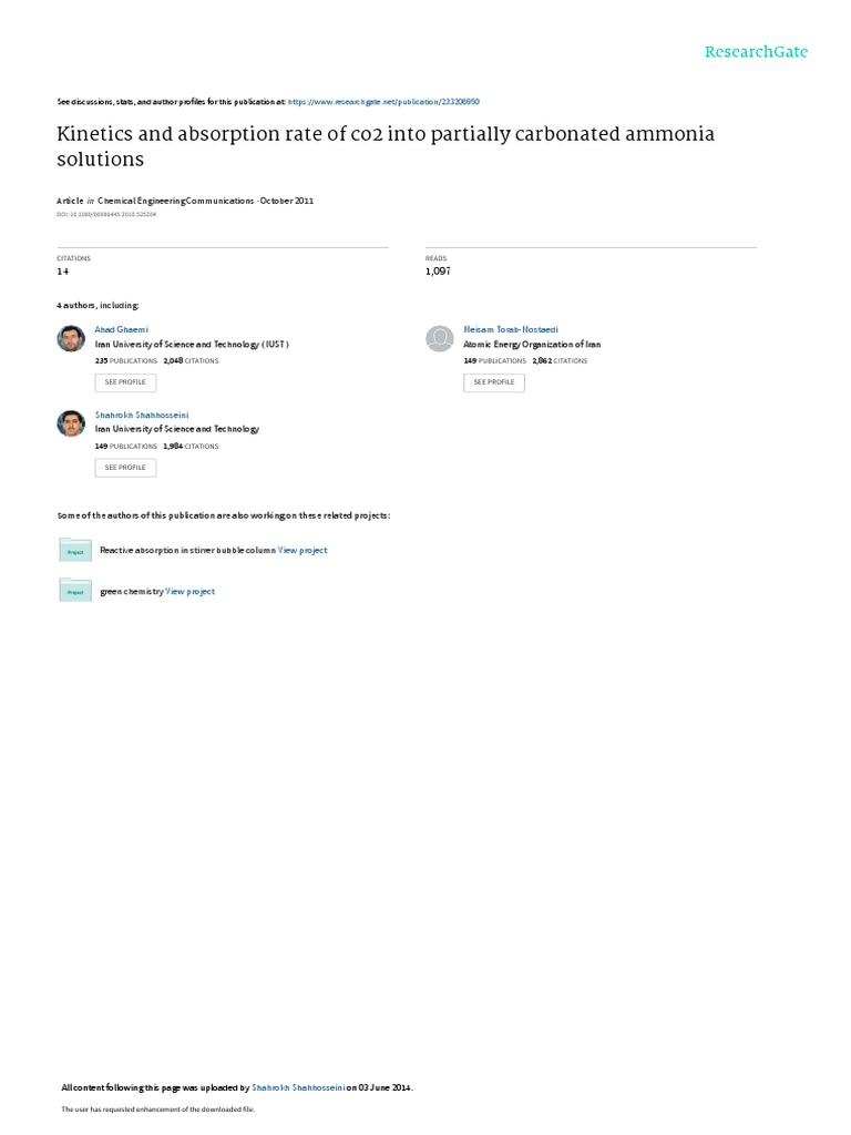 Kinetics and Absorption Rate of Co2 Into Partially Carbonated Ammonia Solutions | PDF | Science ...
