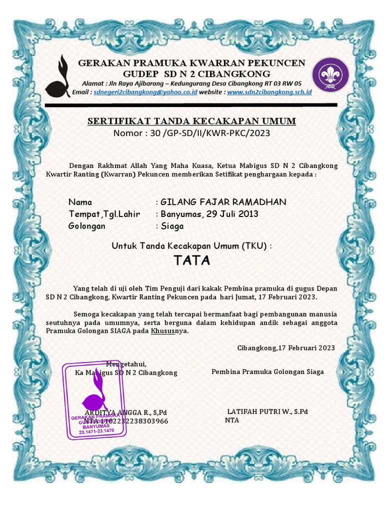 Sertifikat Tanda Kecakapan Umum Pramika Siaga | PDF