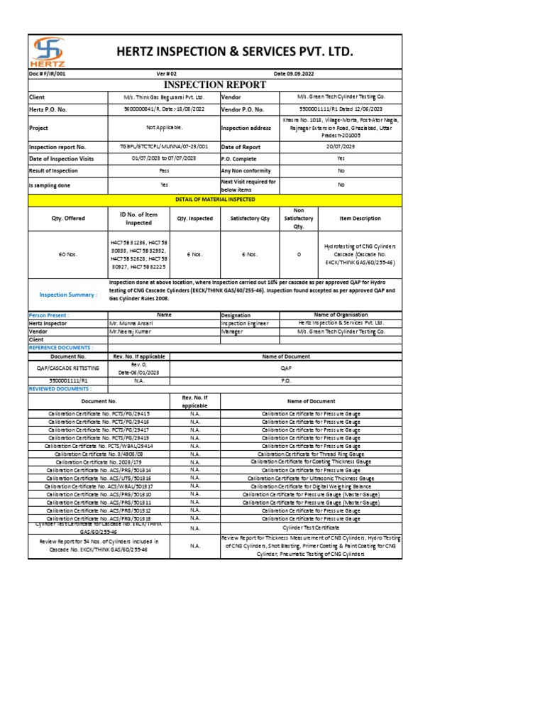 CNG Cylinder Hydro Testing Report | PDF | Calibration | Pressure ...
