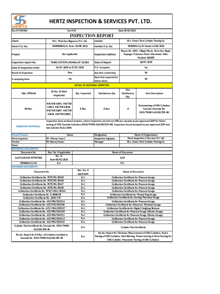 CNG Cylinder Cascade Inspection Report | PDF