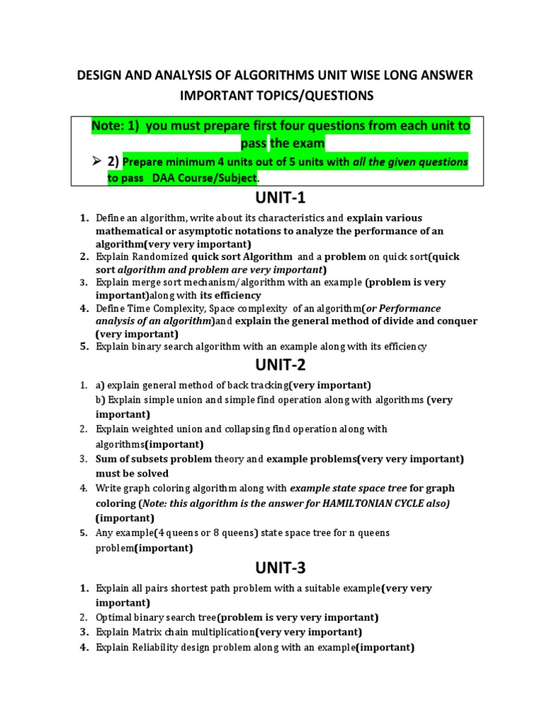 Daa-Unit Wise Important Long Answer Questions | PDF | Computational Complexity Theory | Algorithms