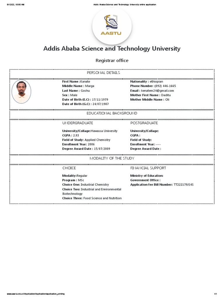 Addis Ababa Science and Technology University Online Application | PDF