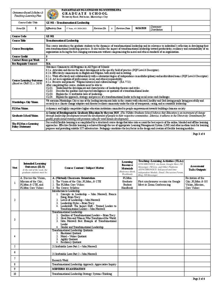 Transformational Leadership SYLLABUS Template | PDF