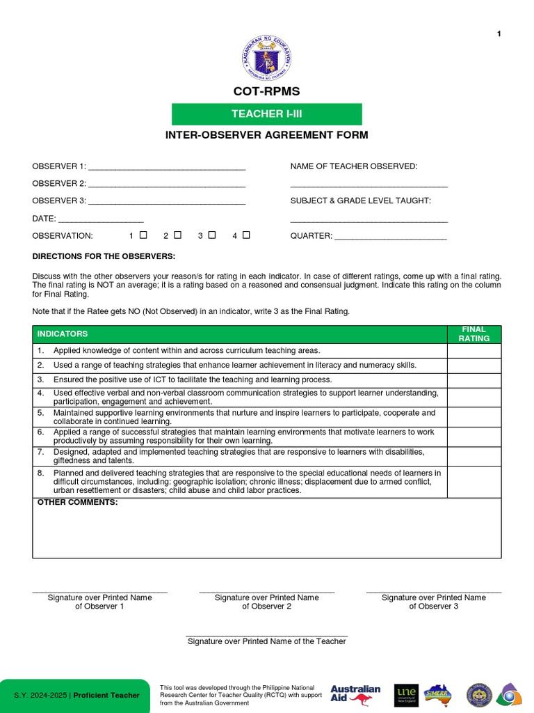 (Appendix C-11) COT-RPMS Inter-Observer Agreement Form For T I-III For ... (Appendix C-11) COT-RPMS Inter-Observer Agreement Form For T I-III For ...