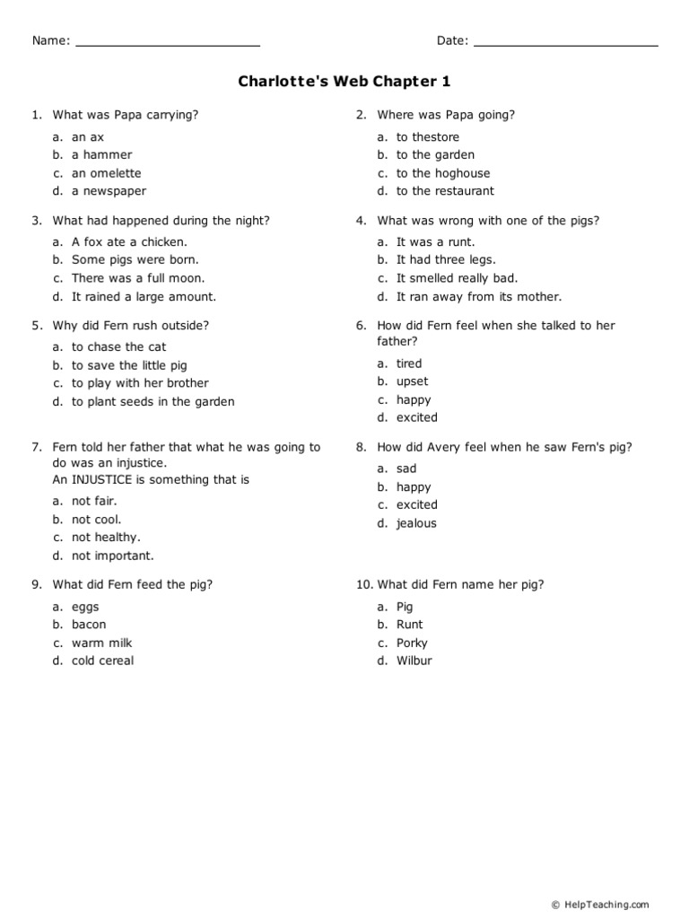 Charlotte's Web Chapter 1 Student Worksheet | PDF