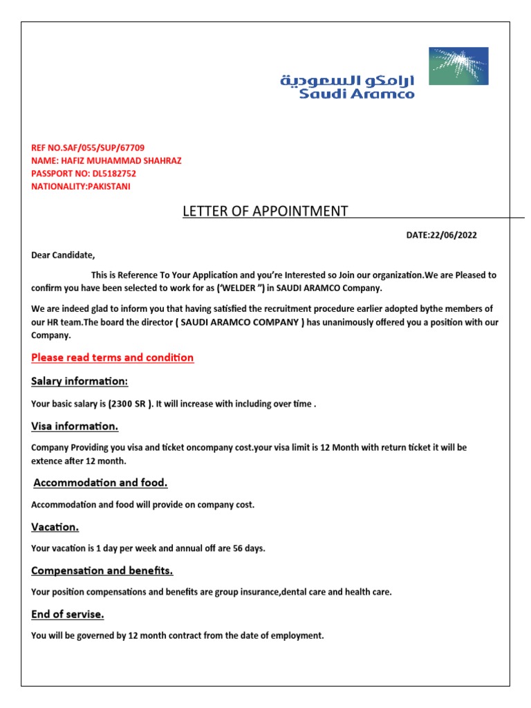Saudi Aramco Welder Job Offer Letter | PDF | Finance & Money Management
