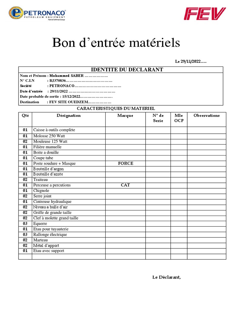 Bon D'entrée FEV 29112022 | PDF