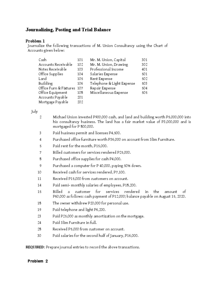Exercises-Journalizing - Posting, Trial Balance | PDF | Debits And ...