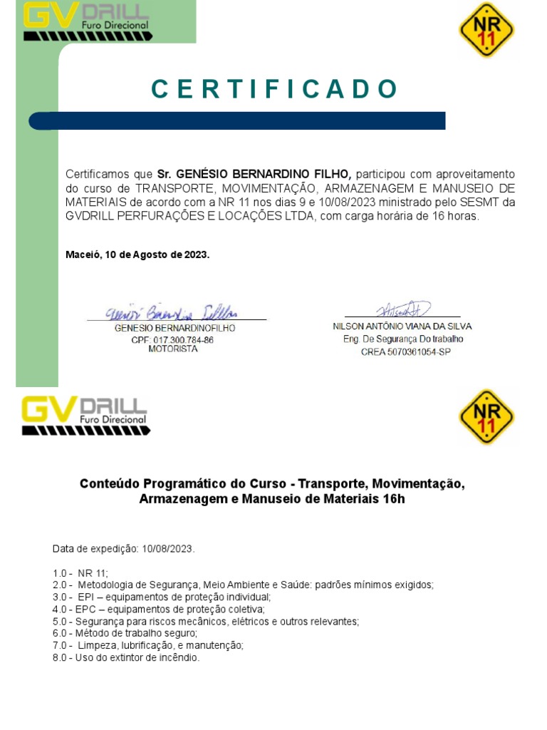 Modelo de Certificado Treinamento NR-12 | PDF