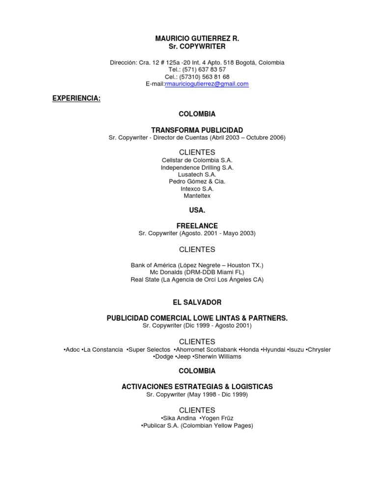 Sr. Copywriter Mauricio Gutierrez Resume | PDF | Advertising | Business