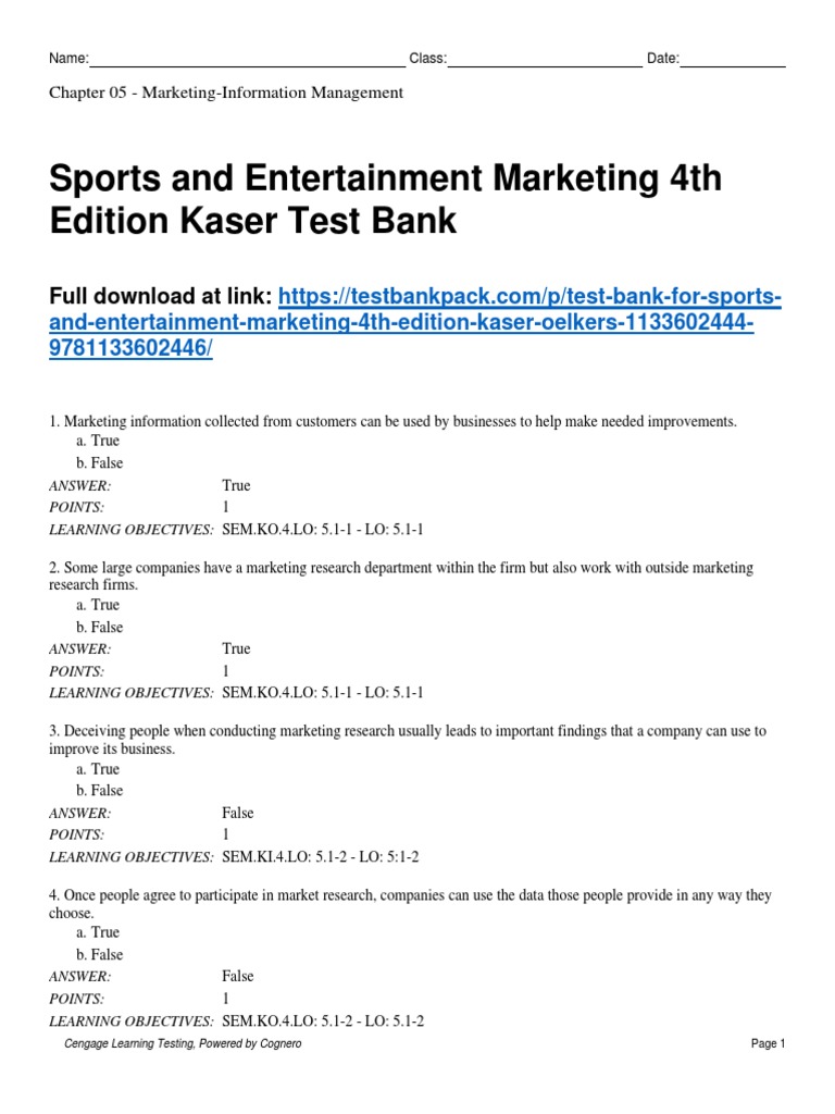 Sports and Entertainment Marketing 4th Edition Kaser Test Bank 1 | PDF ...