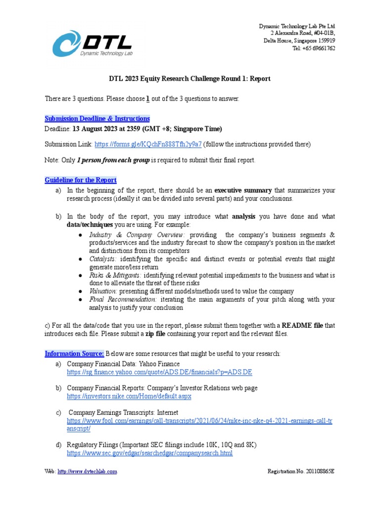 DTL 2023 Equity Research Challenge Round 1 Details | PDF | Valuation ...