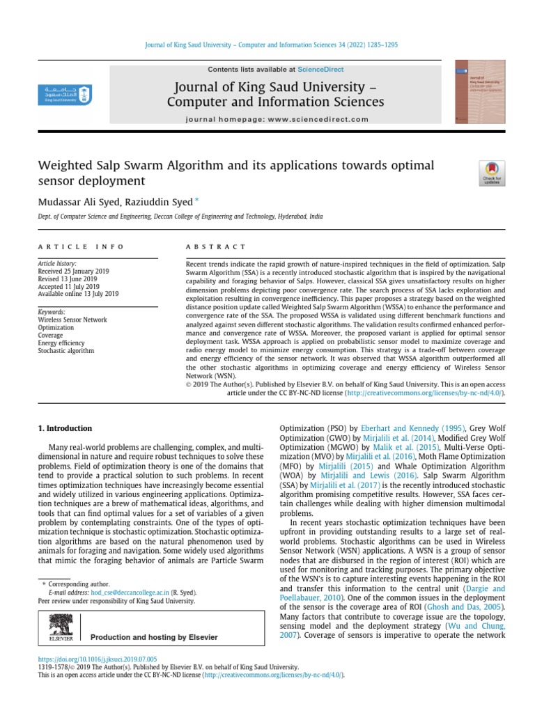 Weighted Salp Swarm Algorithm And Its Applications Towards Optimal Pdf