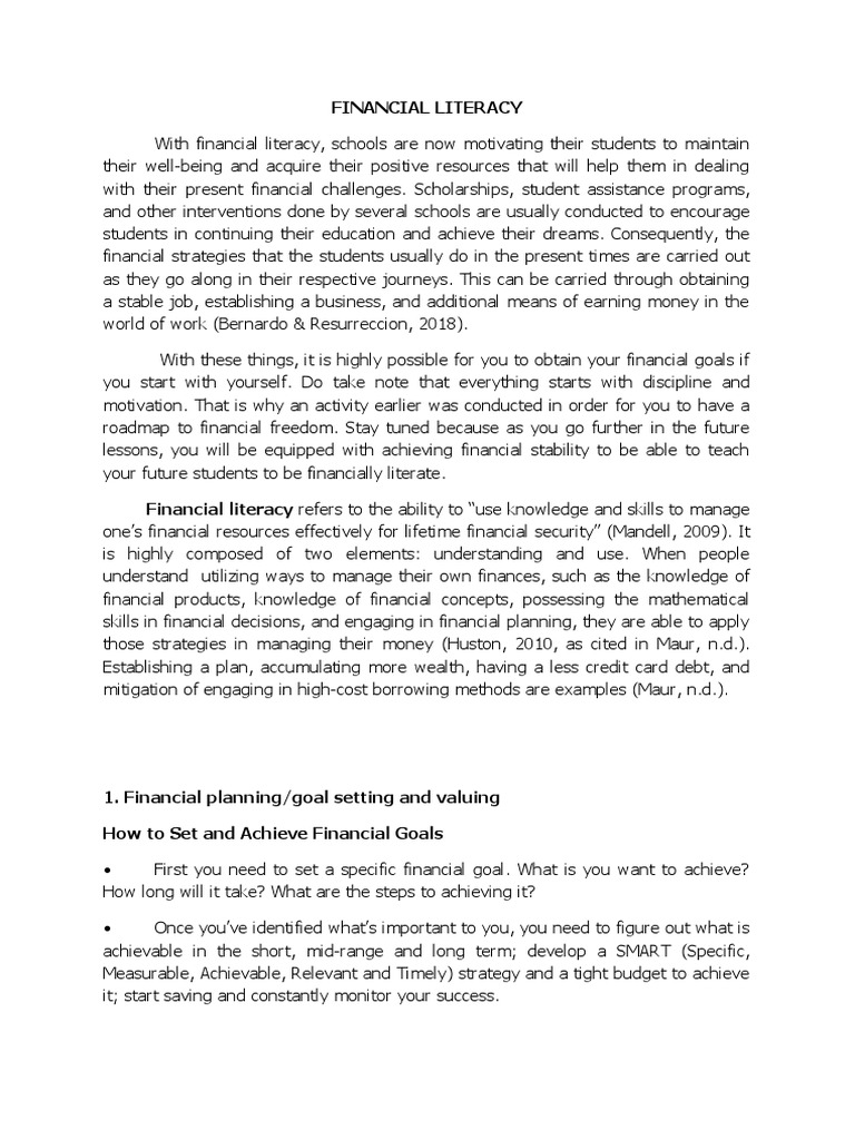 Financial Literacy | PDF | Goal | Financial Literacy