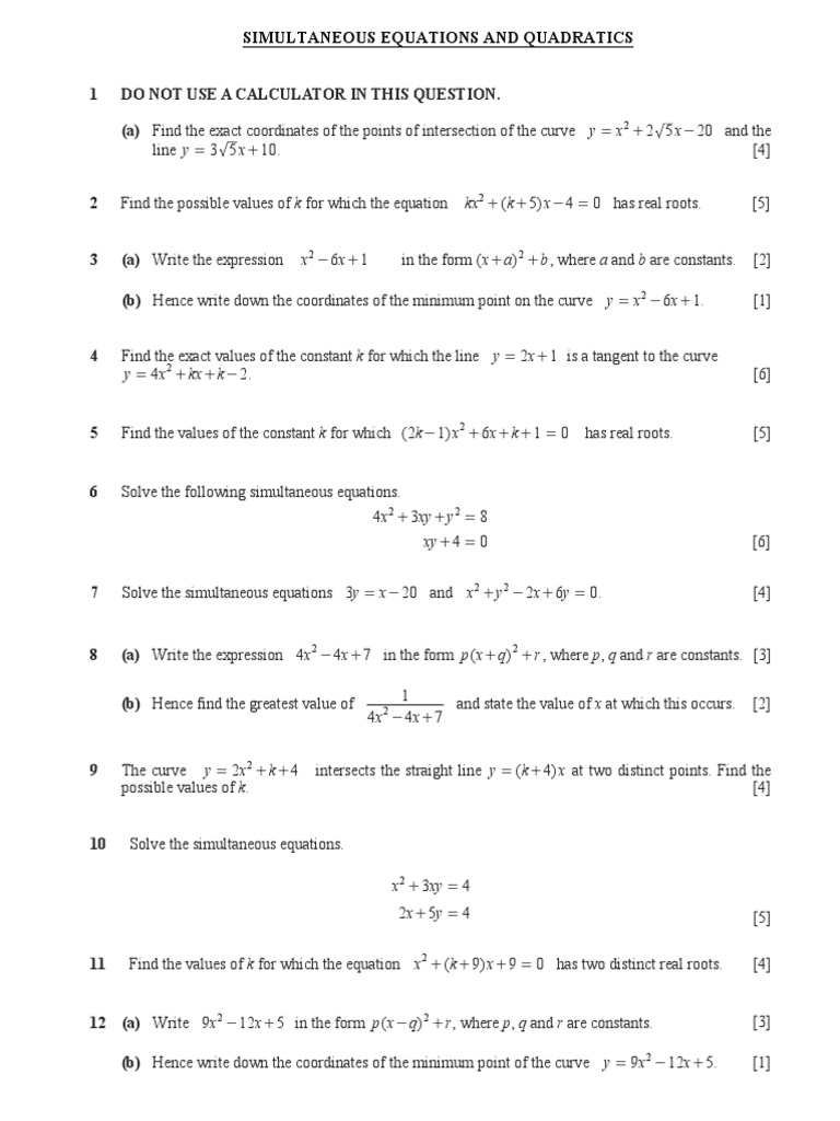 Chap 2 Simultaneous Equations and Quadratics 2 | PDF