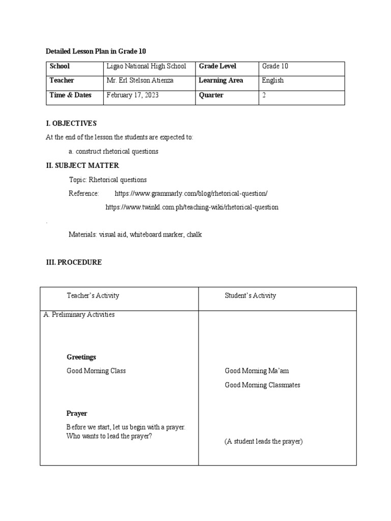 Rhetorical Questions Lesson Plan for Grade 10 | PDF | Rhetoric | Question