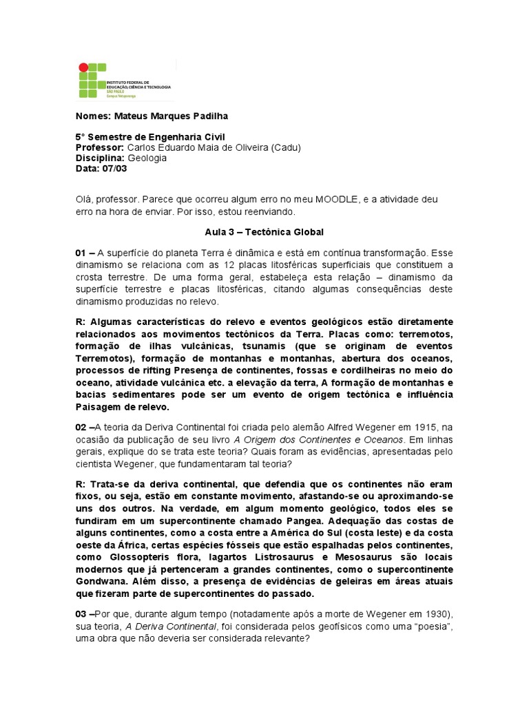 Mateus Marques Padilha - Atividade Aula Tectônica Global | PDF
