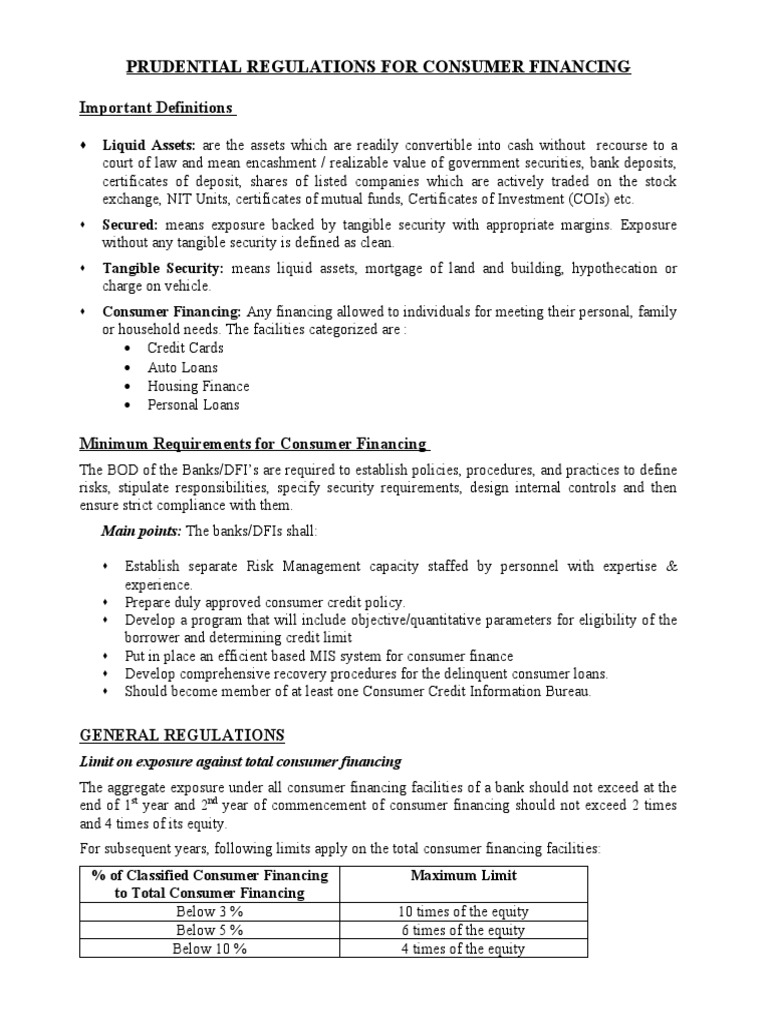 Prudential Regulations For Consumer Financing: Important Definitions ...