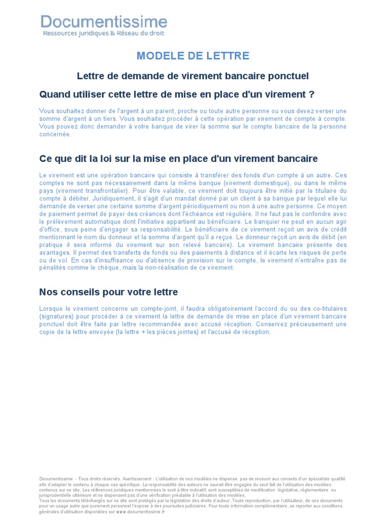 Lettre de Demande de Virement Bancaire Ponctuel 1393 | PDF