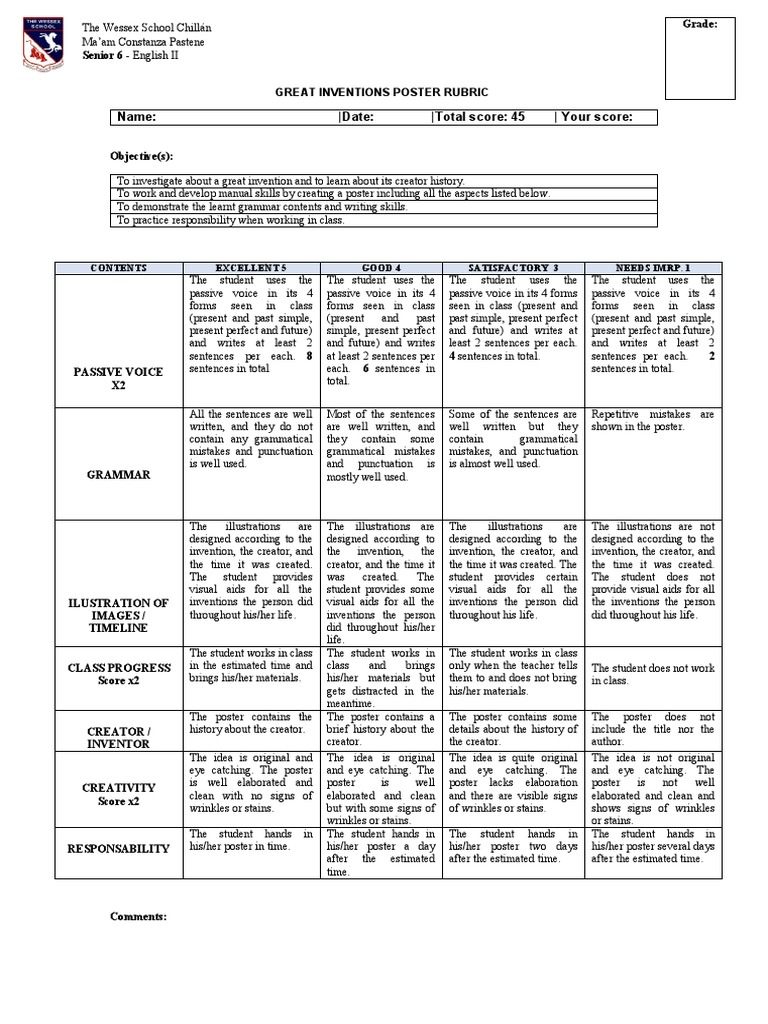 Rubric - GREAT INVENTIONS POSTER | PDF | Language Arts & Discipline
