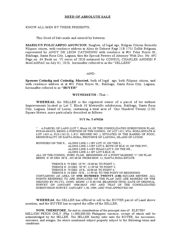 Deed of Absolute Sale for Land in Laguna | PDF
