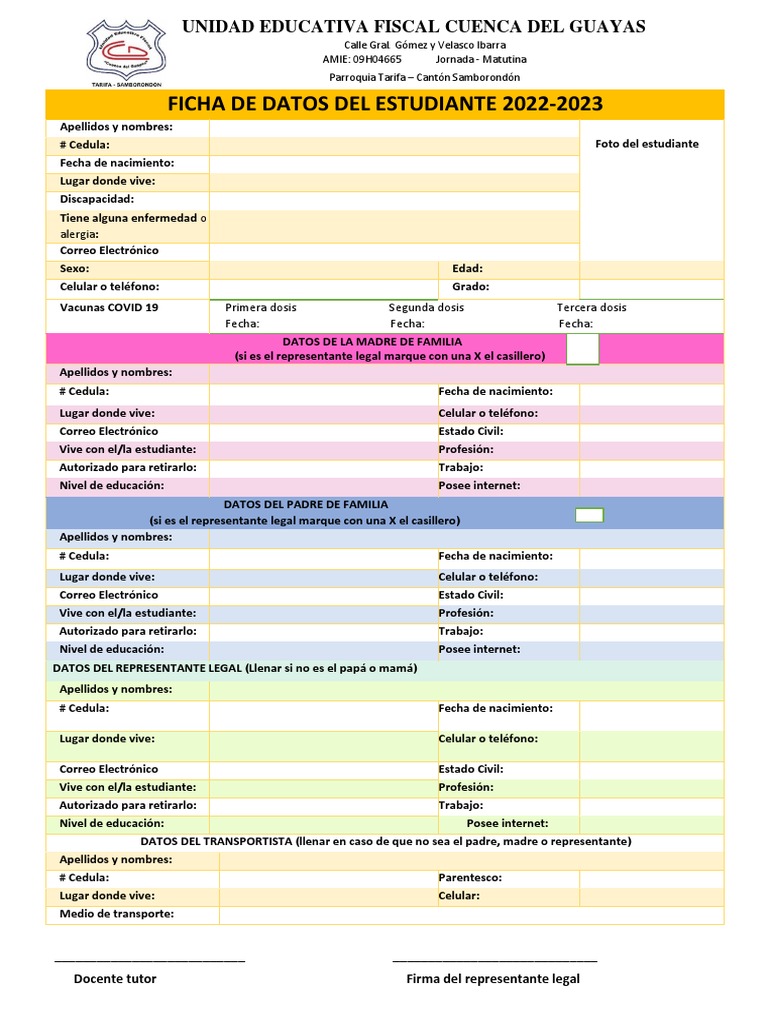 Ficha de Datos Del Estudiante 2022-2023 | PDF