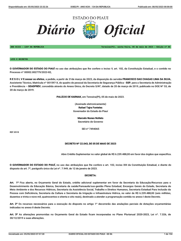 Diario Oficial Do Estado Do Piaui Publicacao N 86 | PDF