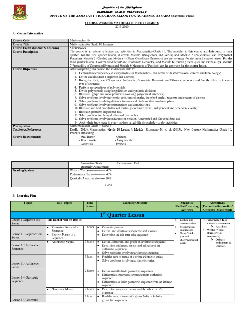 Math 10 Syllabus Pdf Circle Factorization