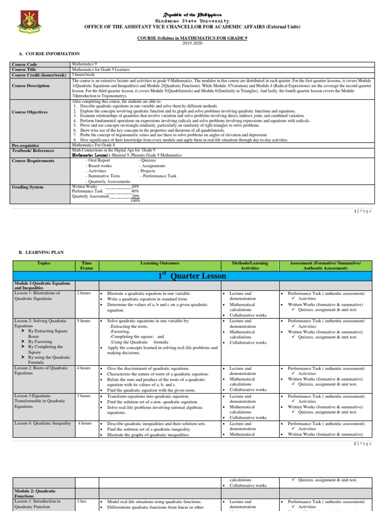 Math 9 Syllabus Pdf Quadratic Equation Trigonometry